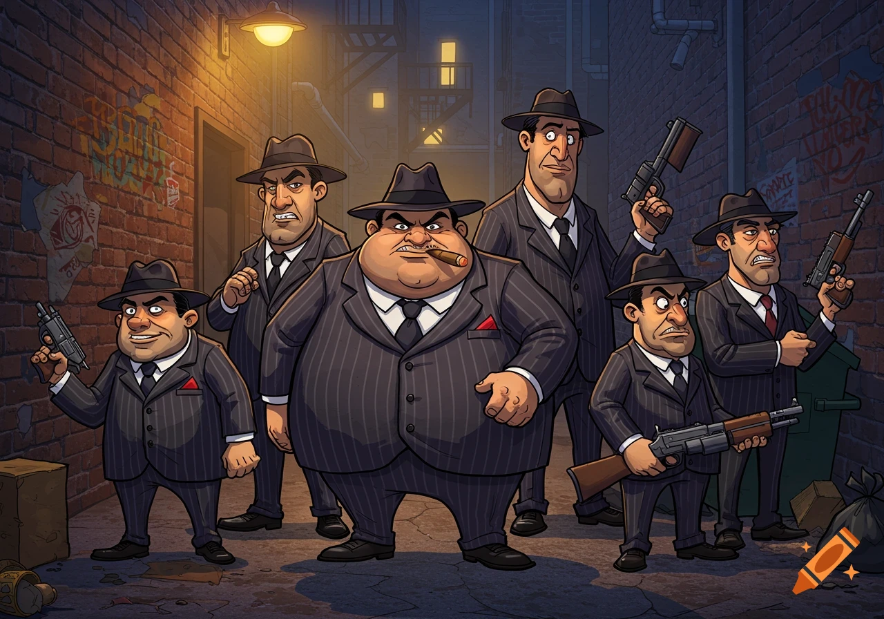 A group of cartoon mafia gangsters in pinstripe suits pose in a dark ...