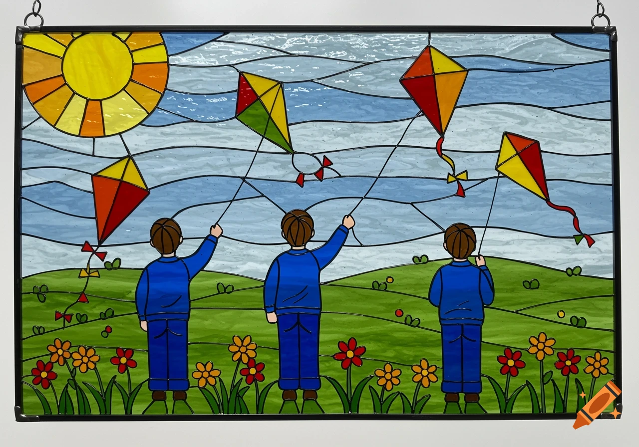 Stained glass of three boys flying kites in a summer field with the sun ...