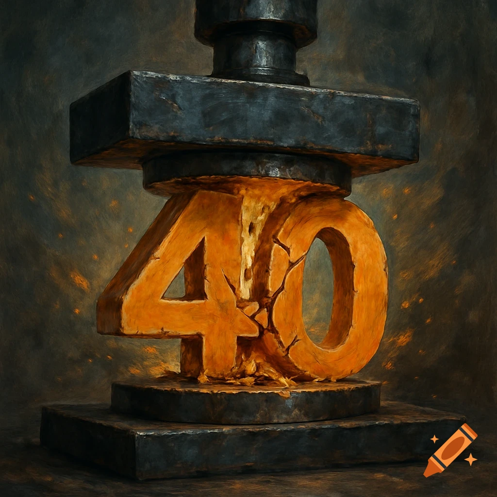 A large, stylized number 40 is being crushed by a heavy hydraulic press ...