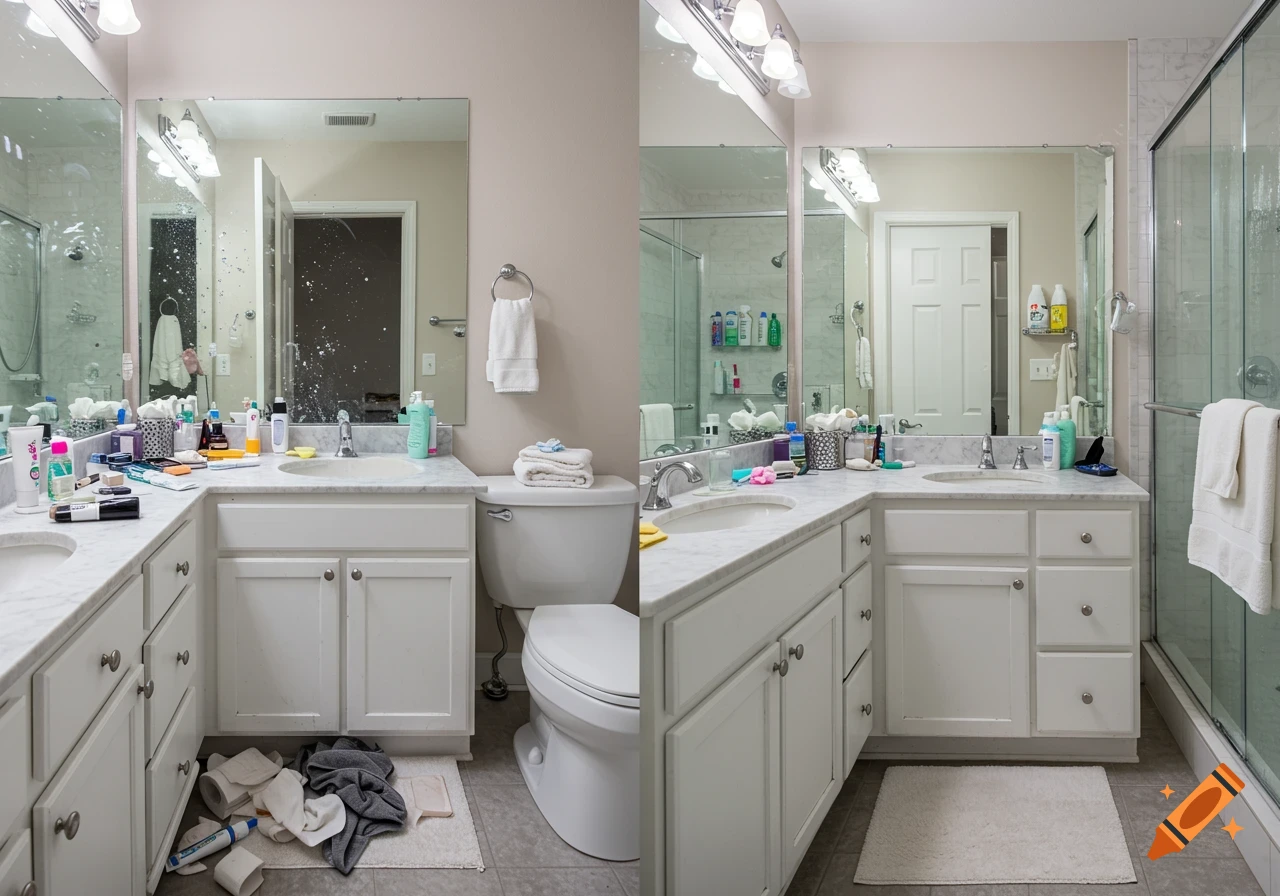 Split-screen comparison of a messy bathroom on the left and the same ...