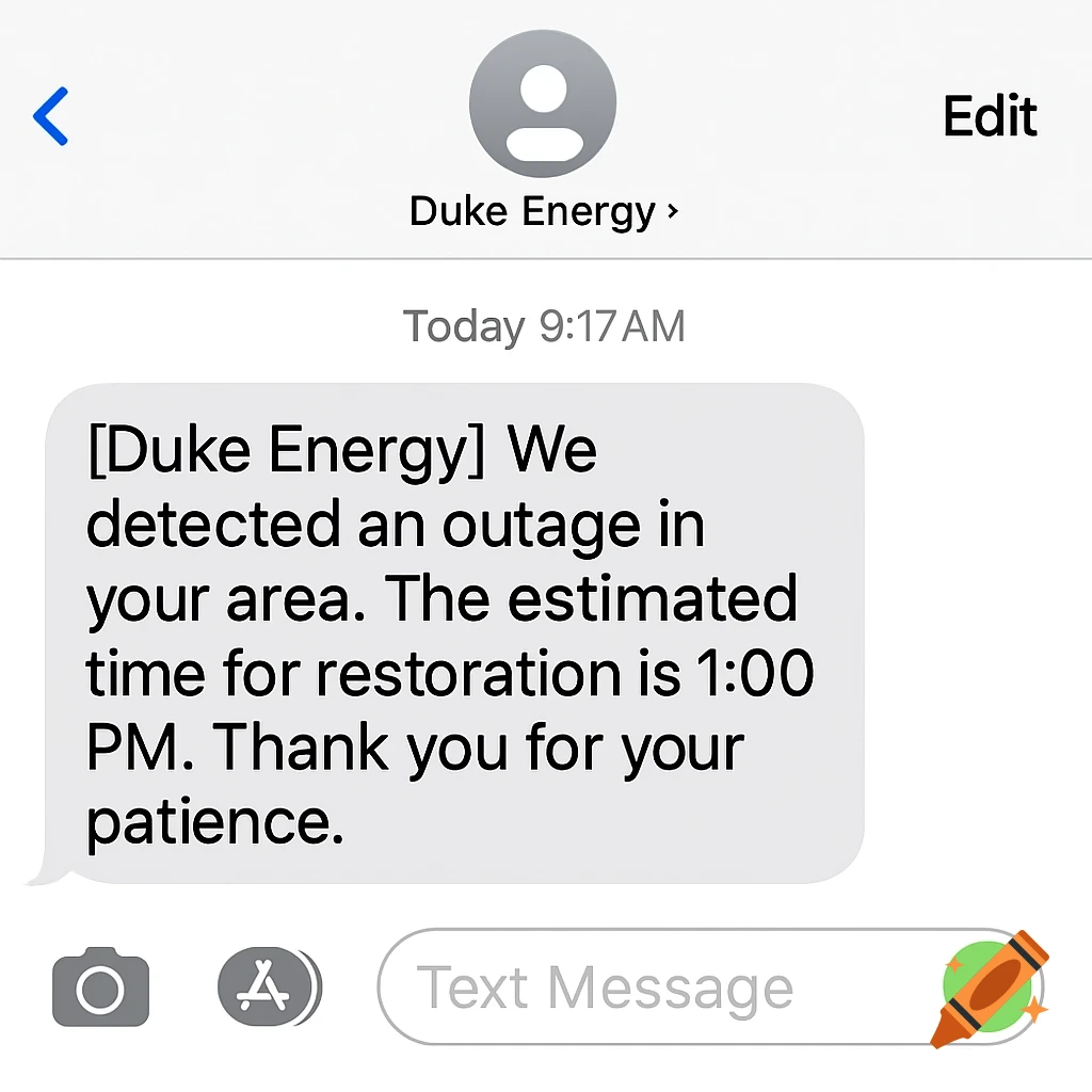 An iPhone screen displays a text message from Duke Energy about a power ...