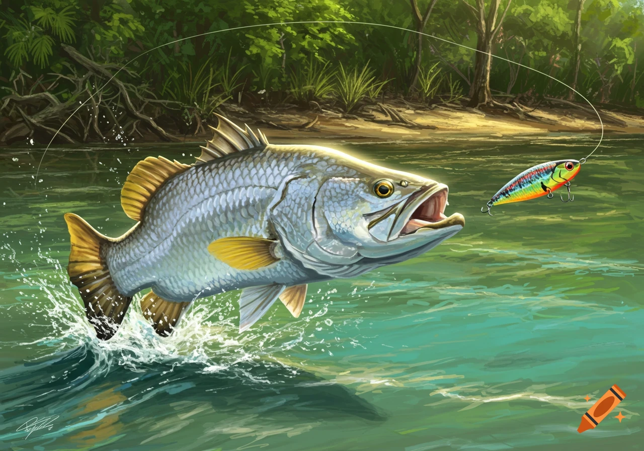 Illustration of a large Barramundi fish leaping out of green water ...