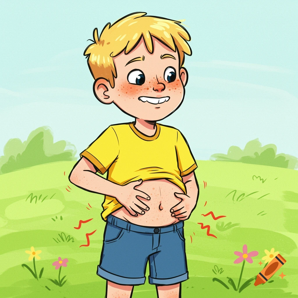 Cartoon illustration of a boy rubbing his hungry stomach in a field. on ...