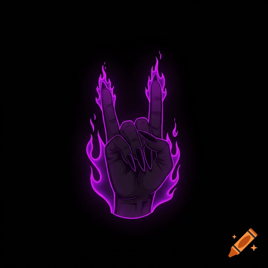Hand making the rock sign surrounded by purple flames, illustration on ...