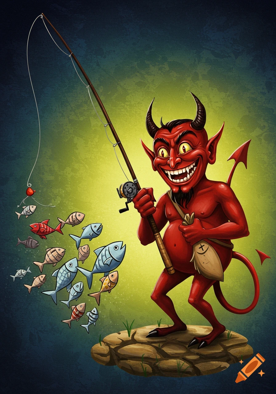 A cartoon devil stands on a rock, grinning and holding a fishing rod ...