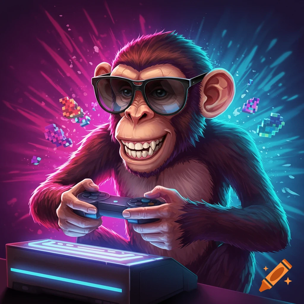 A cartoon chimpanzee with sunglasses plays a video game. on Craiyon