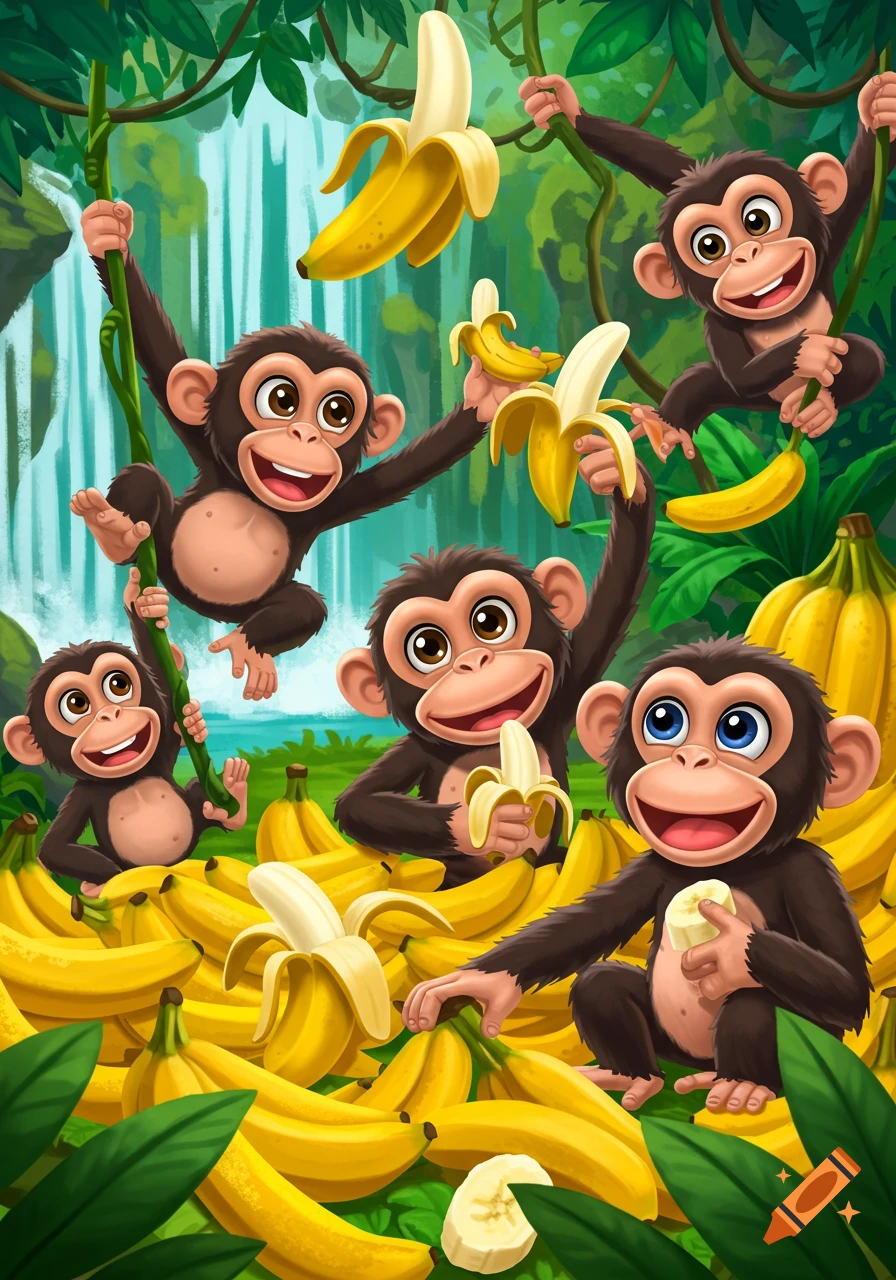 Cartoon monkeys play with and eat bananas in a lush jungle setting. on Craiyon
