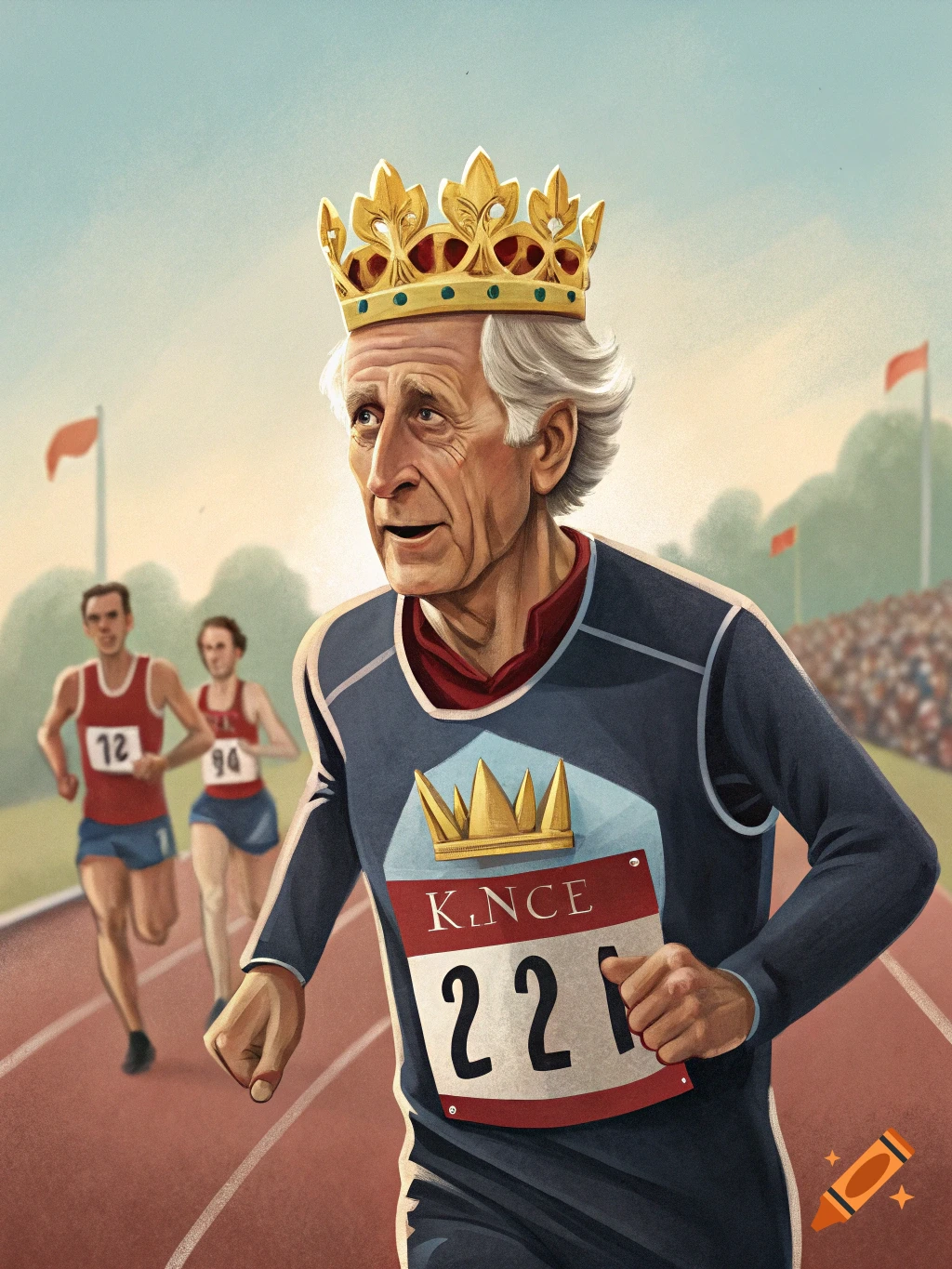 Illustration of an old man wearing a crown and race bib, running in a ...