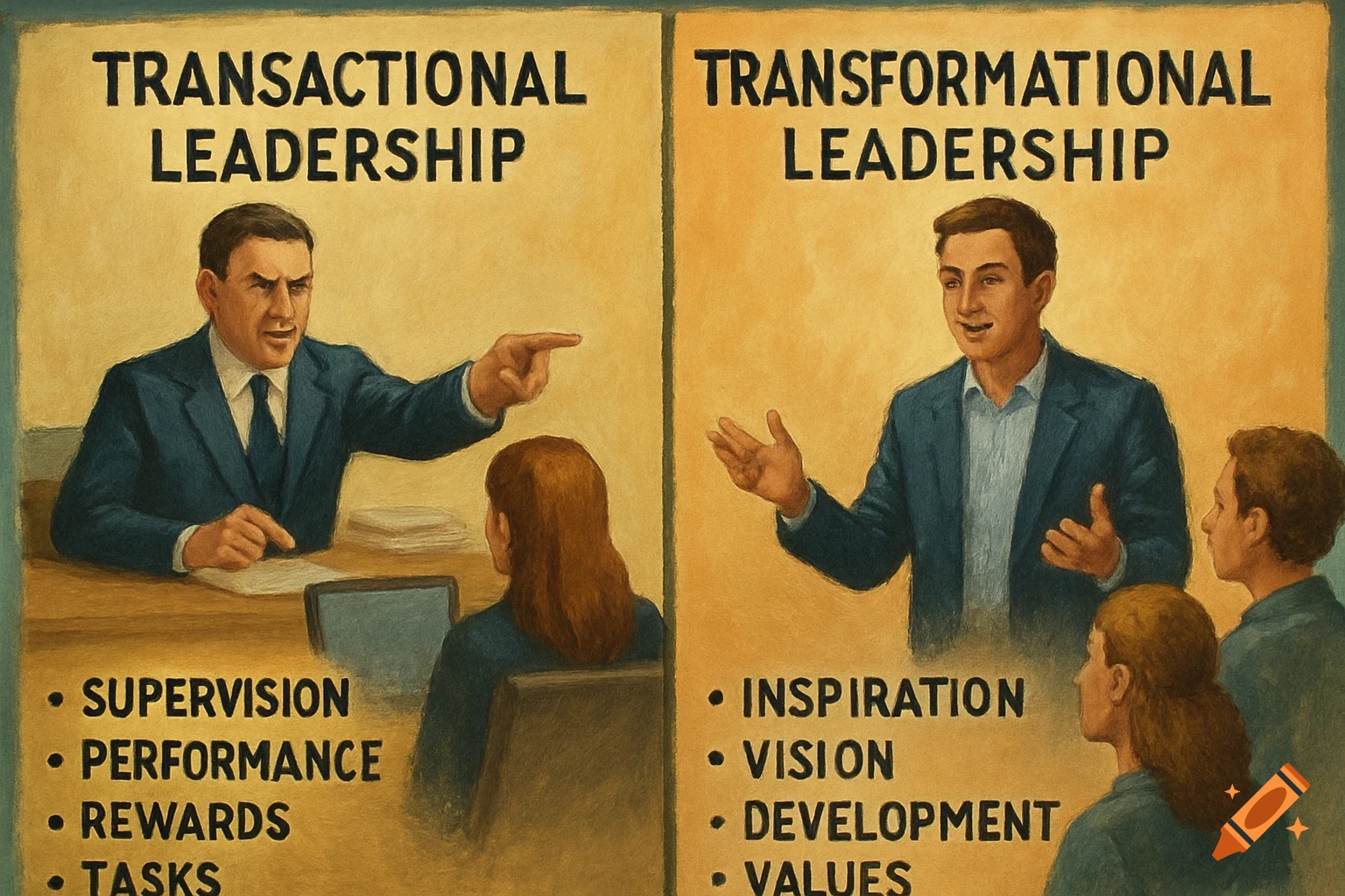 Illustration comparing transactional and transformational leadership ...