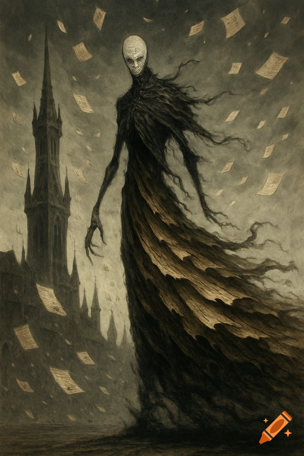 A tall, thin figure in a mask and ragged cloak stands near a dark ...