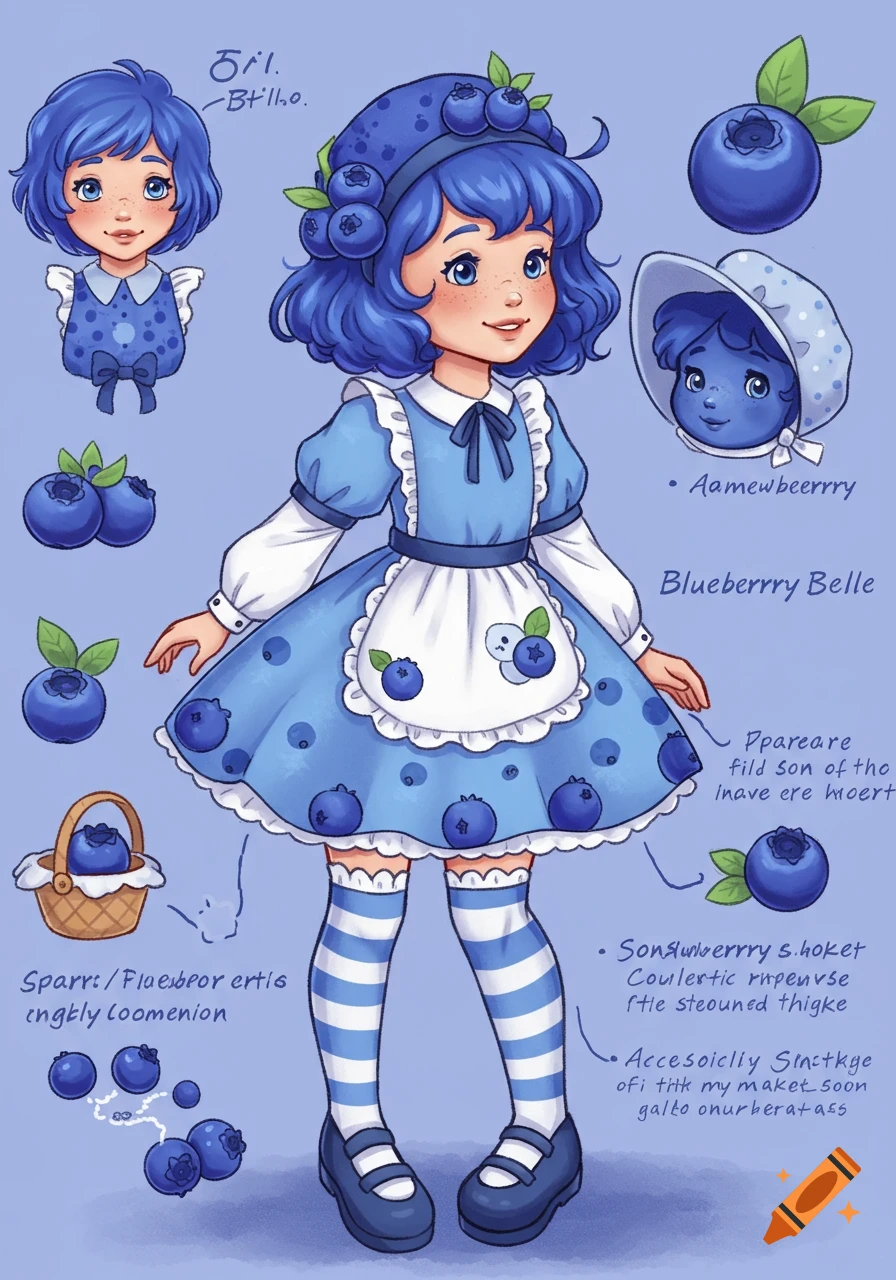 Character concept art of a girl in a blueberry-themed dress with ...