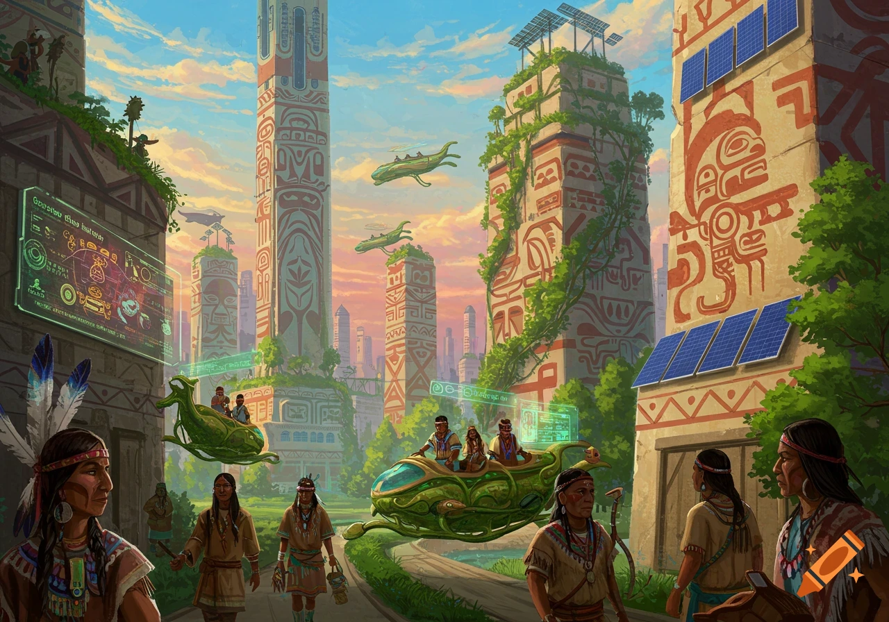 Futuristic city with totem-like buildings, solar panels, and indigenous ...