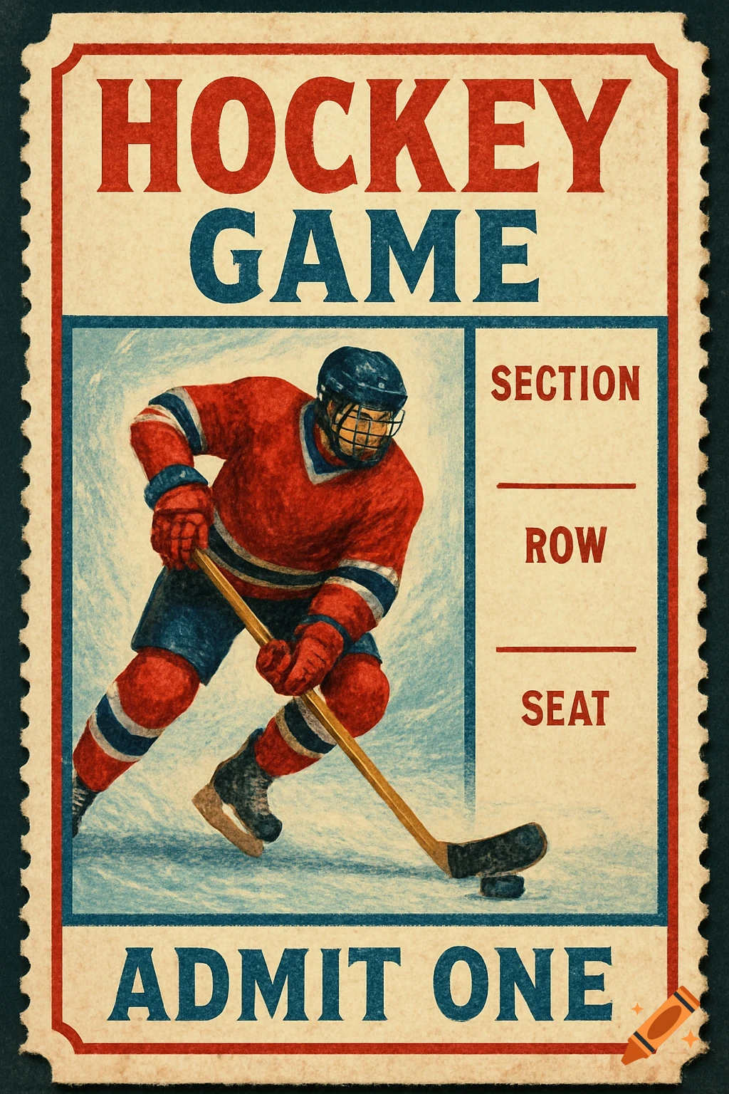 Vintage illustration of a hockey game ticket with a player and text ...