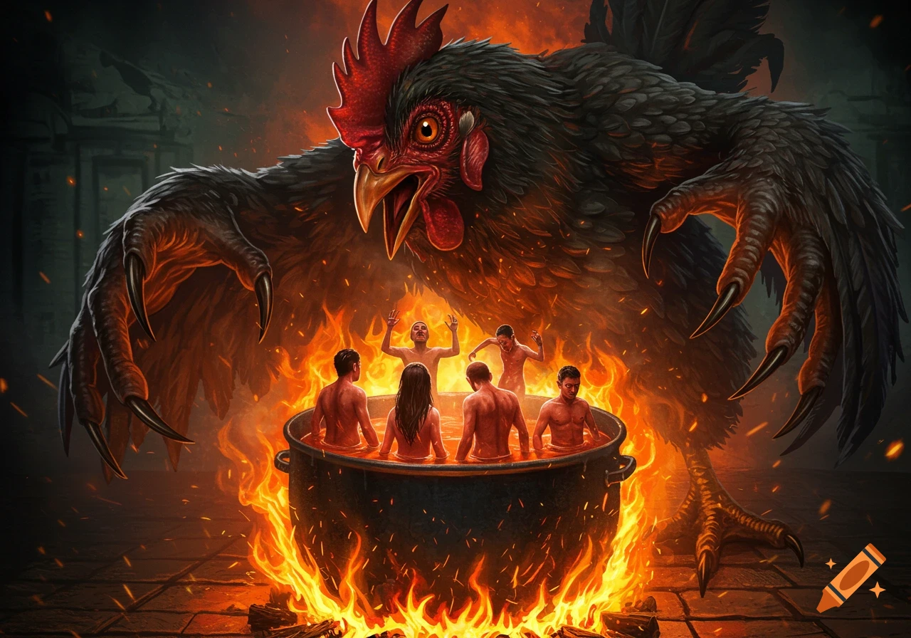 A giant, monstrous chicken stands over a large pot of people surrounded ...