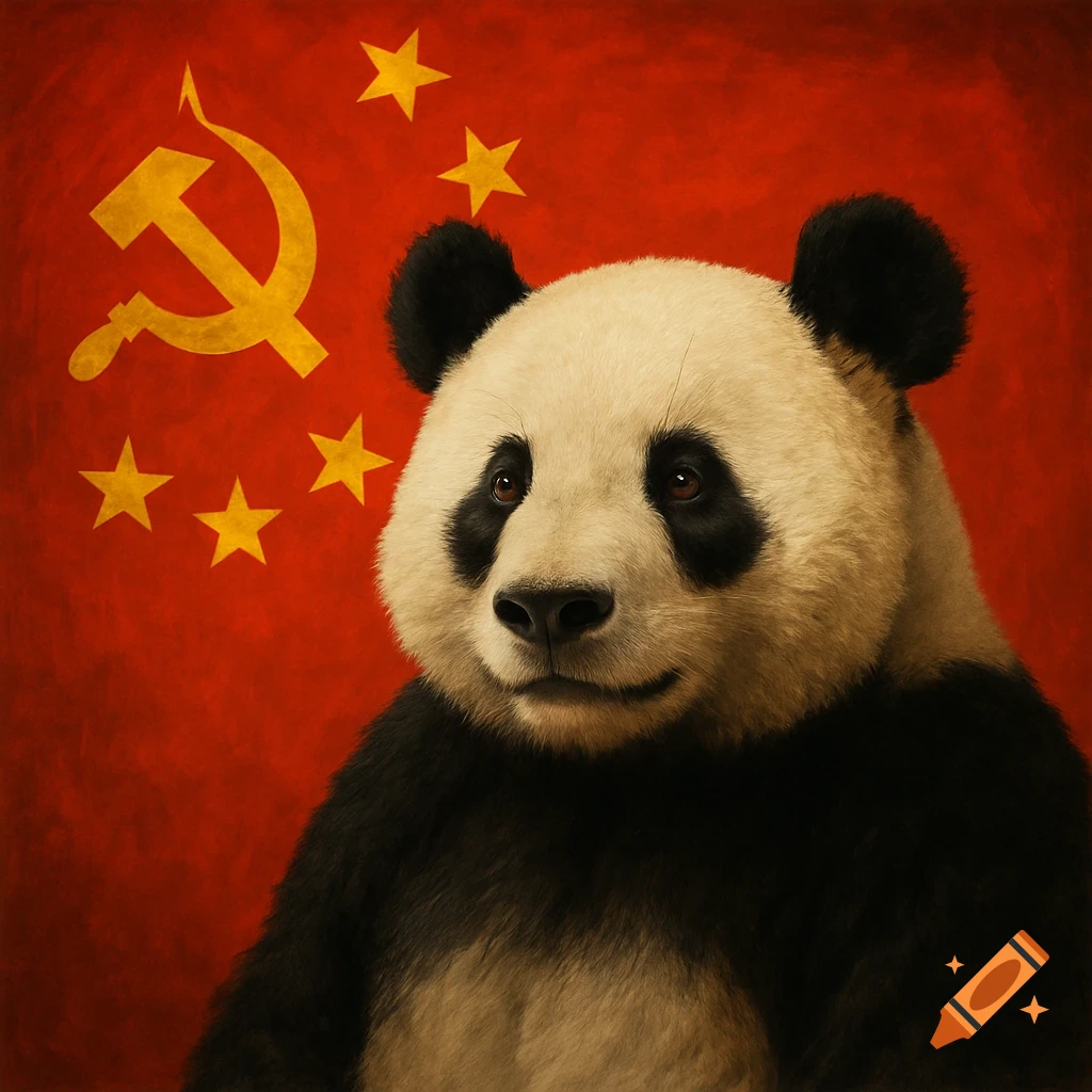 A realistic panda stands in front of a red flag featuring a gold hammer ...