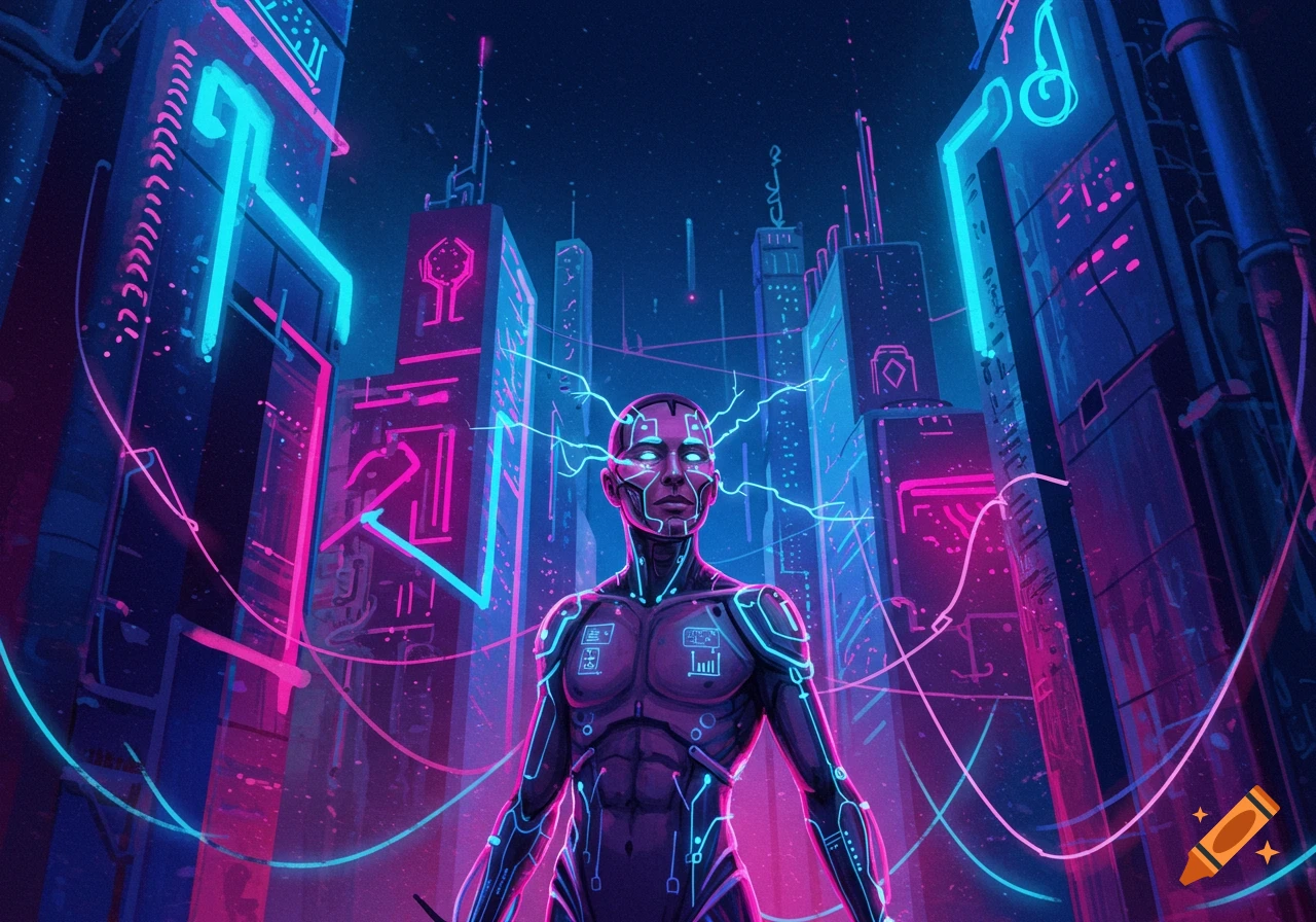 A cyborg stands before a futuristic city skyline bathed in neon blue ...