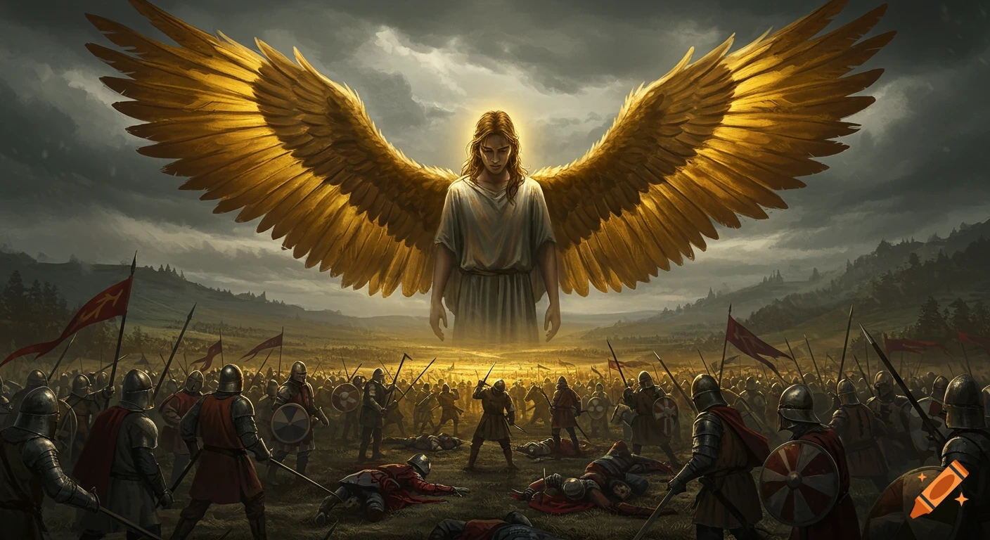 Epic fantasy art of an angel with golden wings standing over a ...