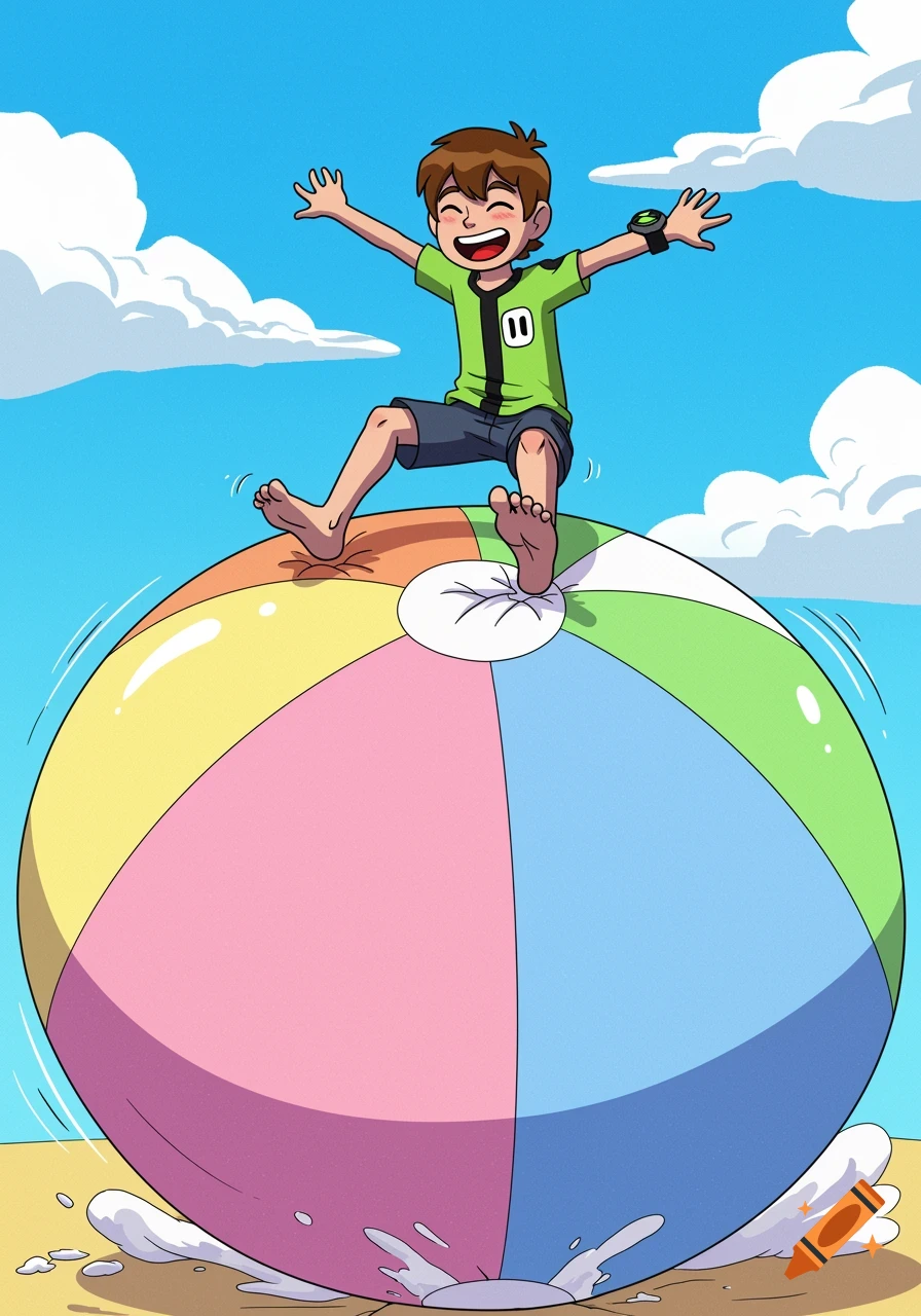 Ben 10 bounces on a large colorful beach ball at the beach. Cartoon ...