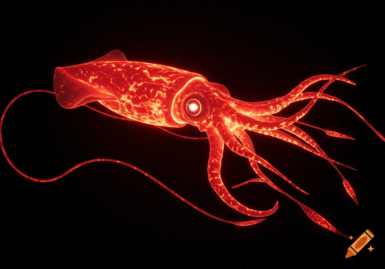 A glowing red squid-like creature floats in black space. on Craiyon