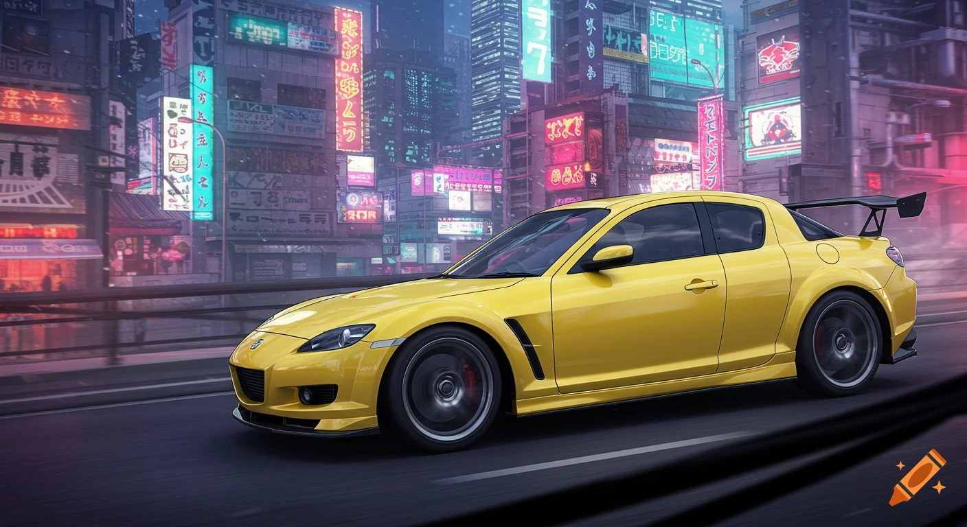 Yellow Mazda RX-8 driving through a neon cyberpunk city in anime style ...