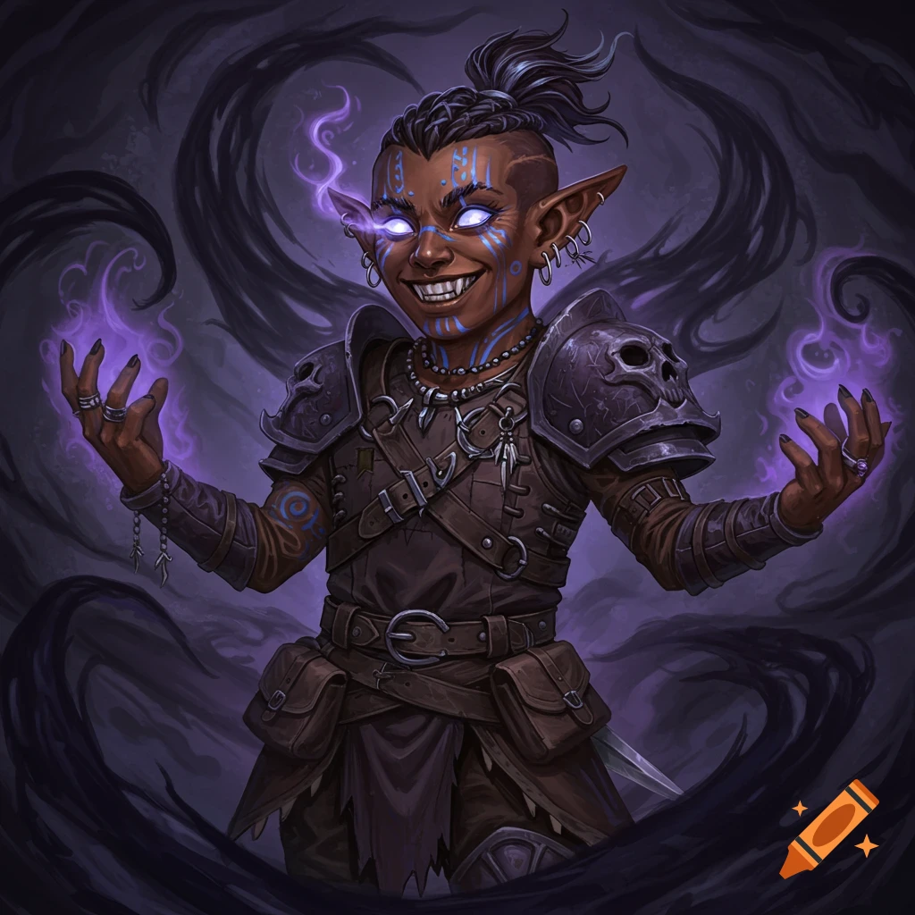 A fantasy illustration of a halfling warlock casting a purple shadow ...