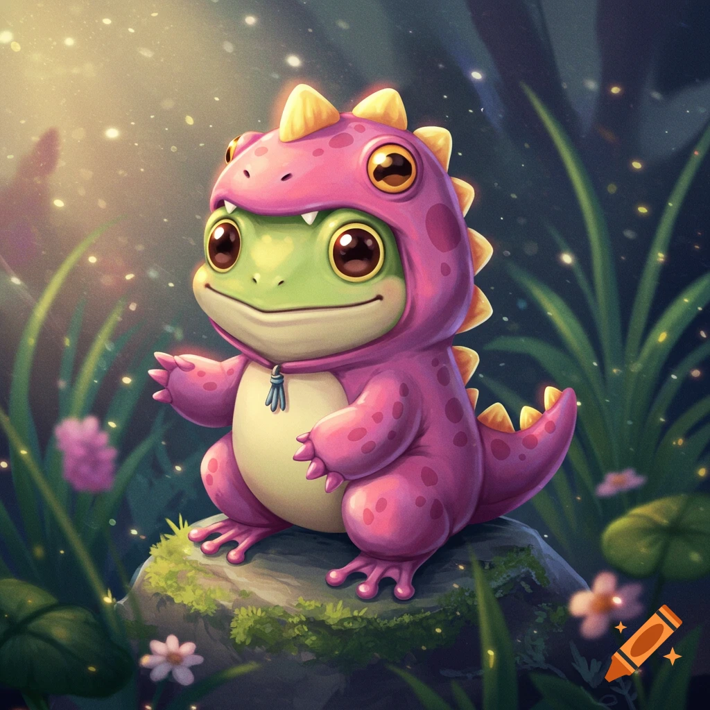 Chibi frog in a pink dinosaur costume sitting on a mossy rock in a ...