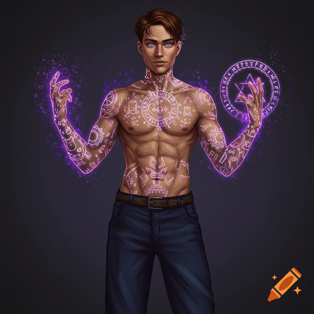 Illustration of a male wizard with glowing purple runic tattoos casting ...