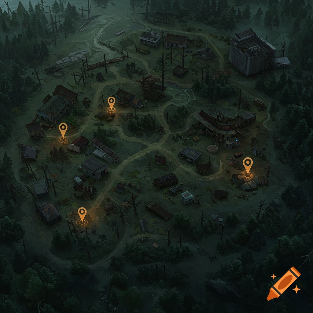 Top-down map of a dark, gloomy ruined settlement in a forest with ...
