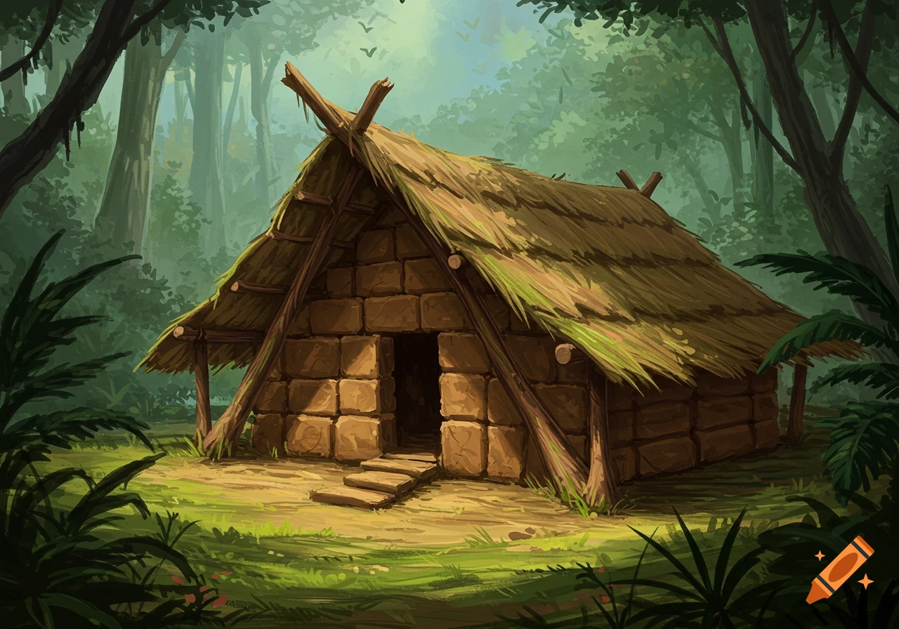 An illustration of a primitive hut with a thatched roof in a lush ...