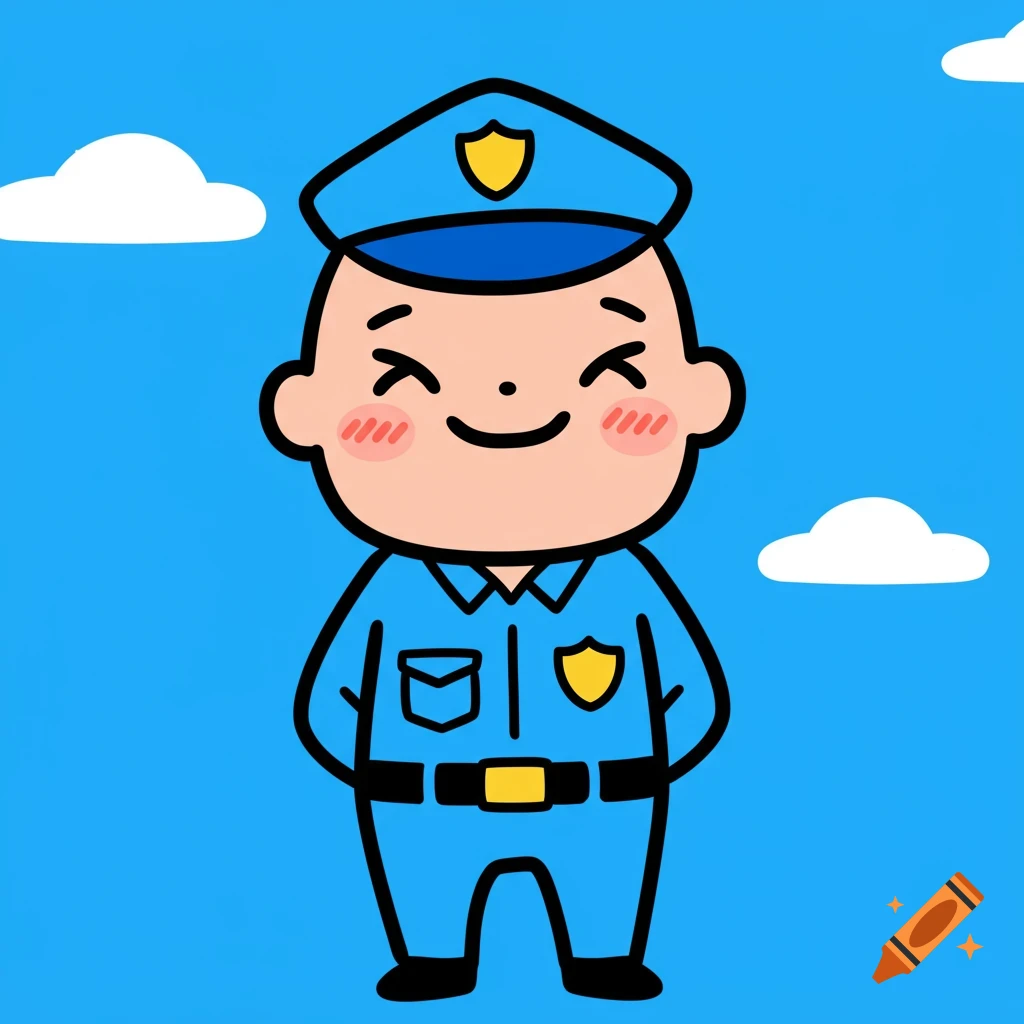 A happy, simplistic 2D cartoon police officer stands under a blue sky ...