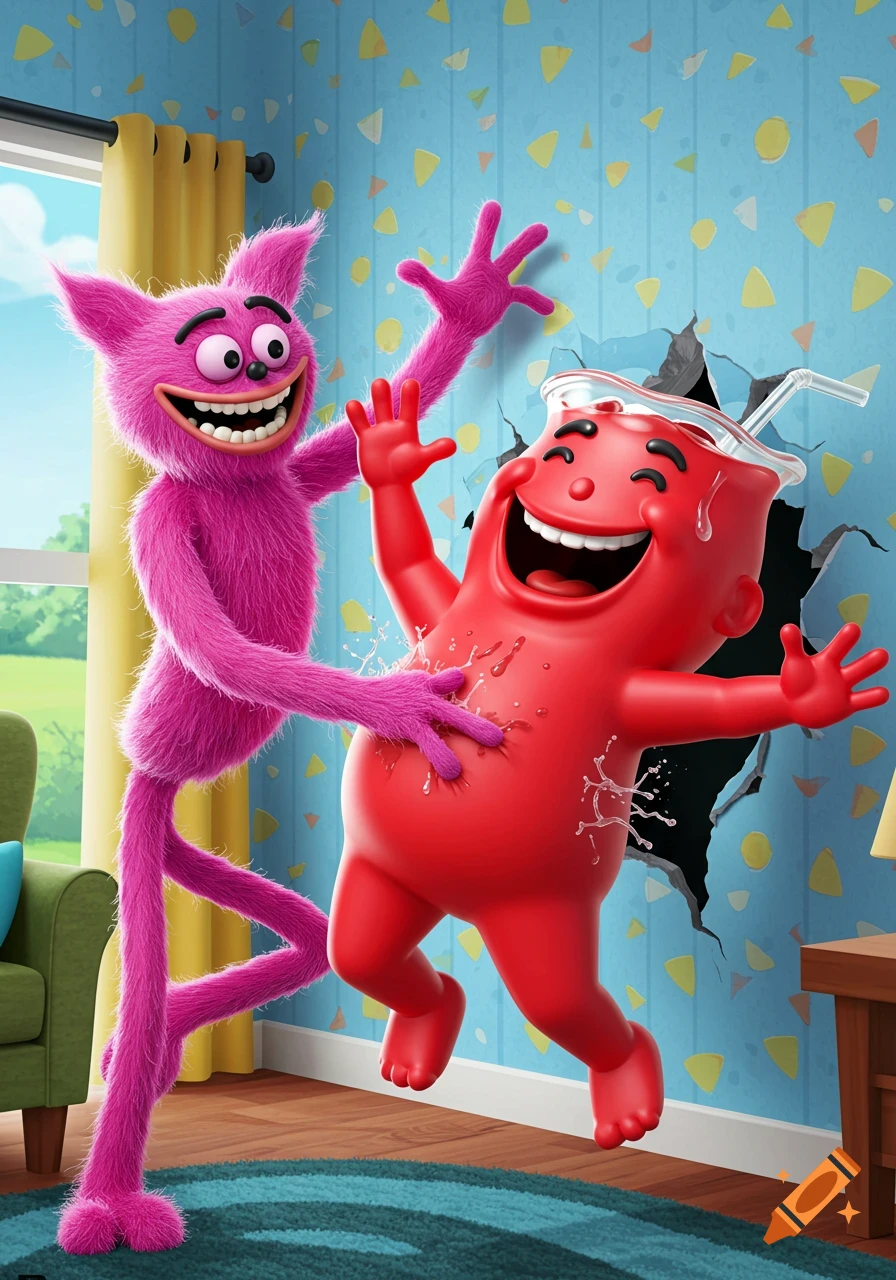 Pink furry monster tickles a red Kool-Aid Man crashing through a wall ...