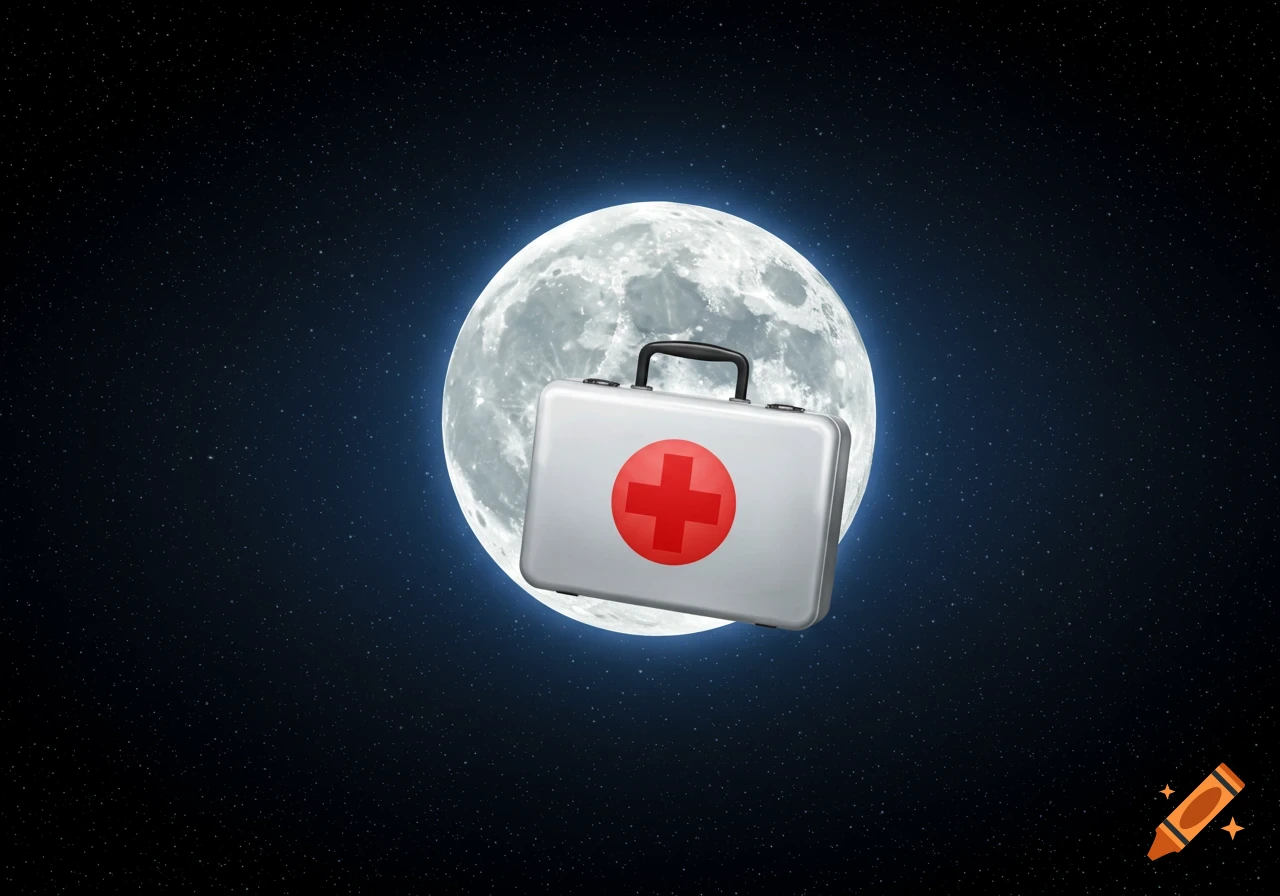 A silver first-aid kit floats in front of a giant full moon in a starry ...