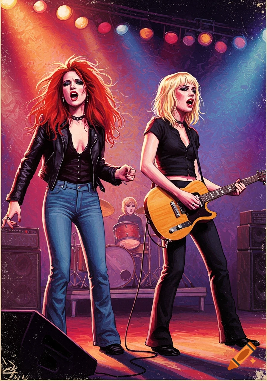 Illustration of a rock band with two female singers/guitarists ...