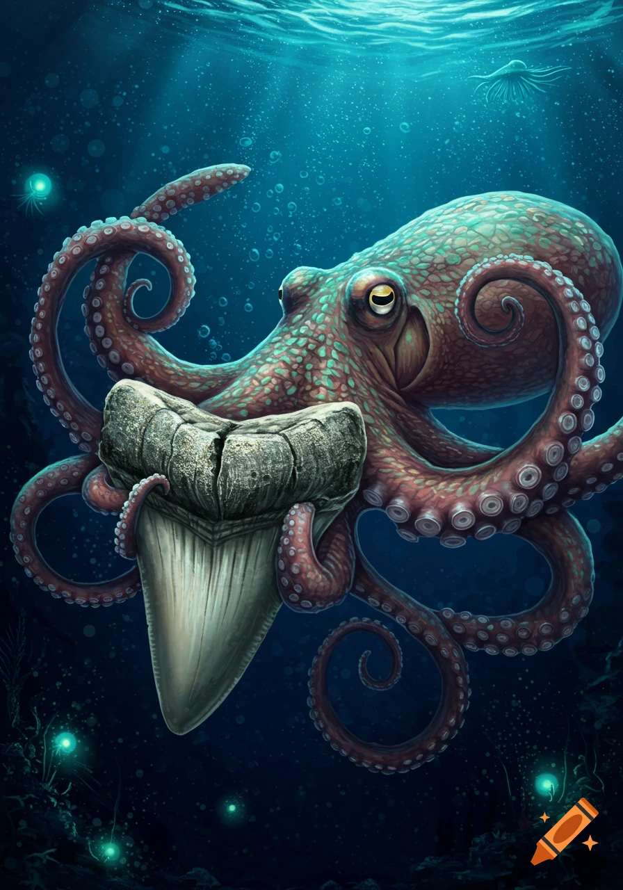 An octopus holds a large megalodon tooth underwater in a detailed ...
