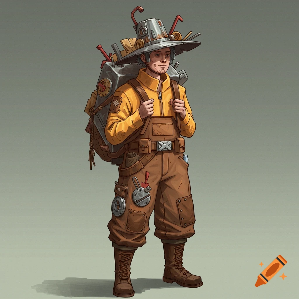 A character design of a person wearing a metal scrap hat and backpack ...