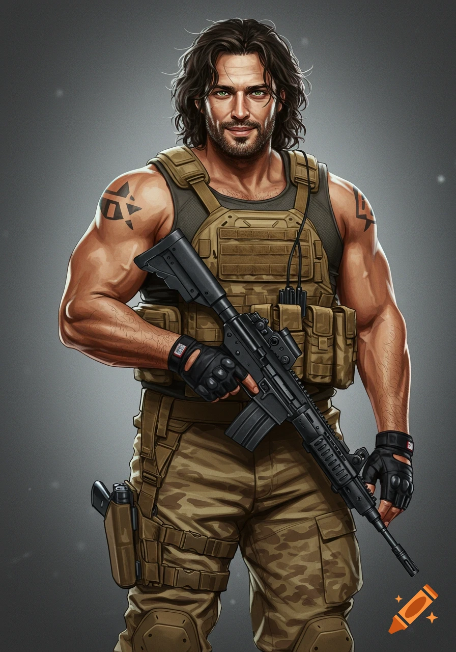 A rugged man in tactical gear holds a rifle, with tattoos on his arm ...