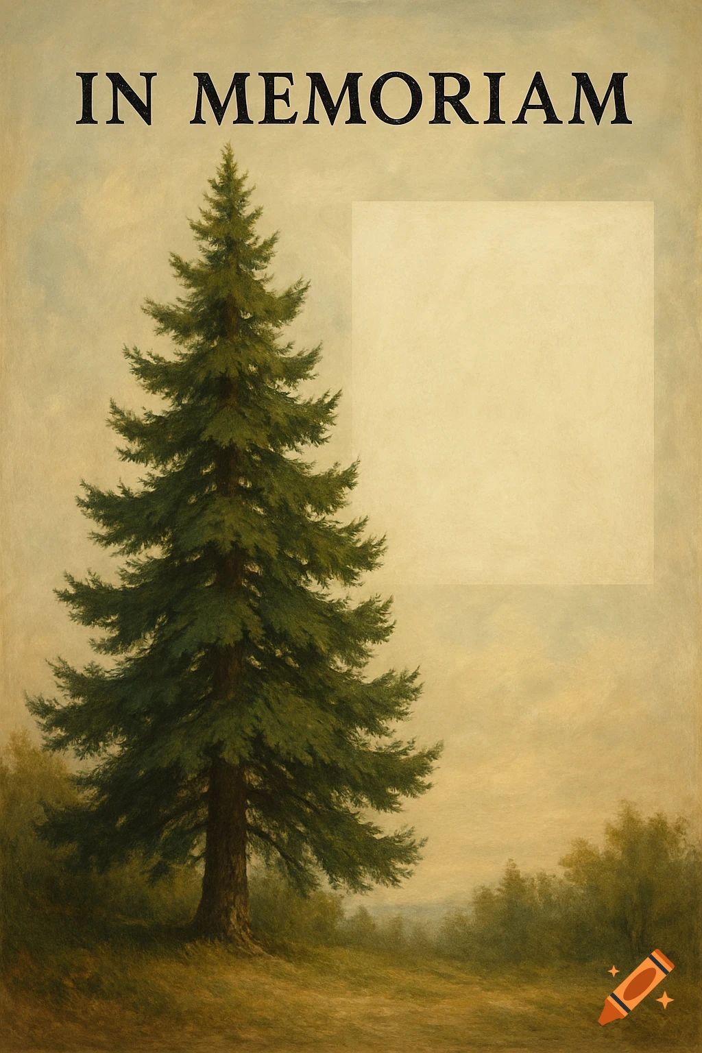 Painting of a large pine tree in a landscape with "IN MEMORIAM" text ...