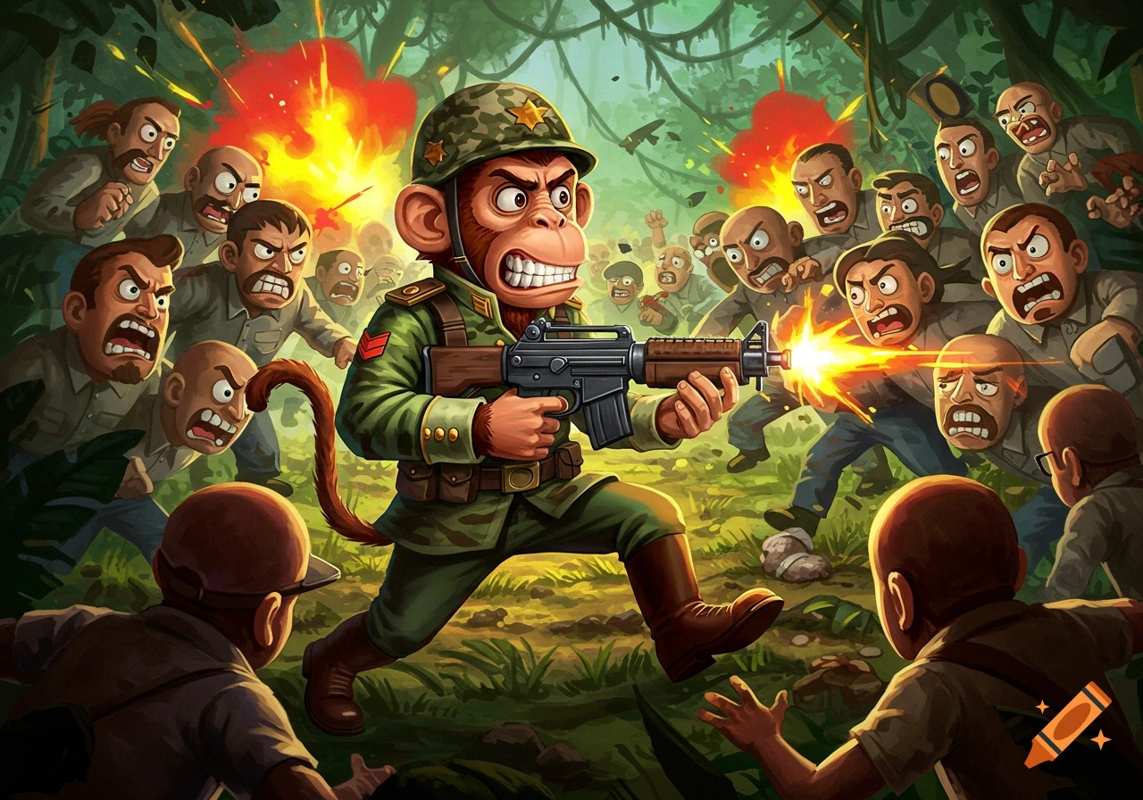 A cartoon monkey in a military uniform shoots a rifle at charging ...