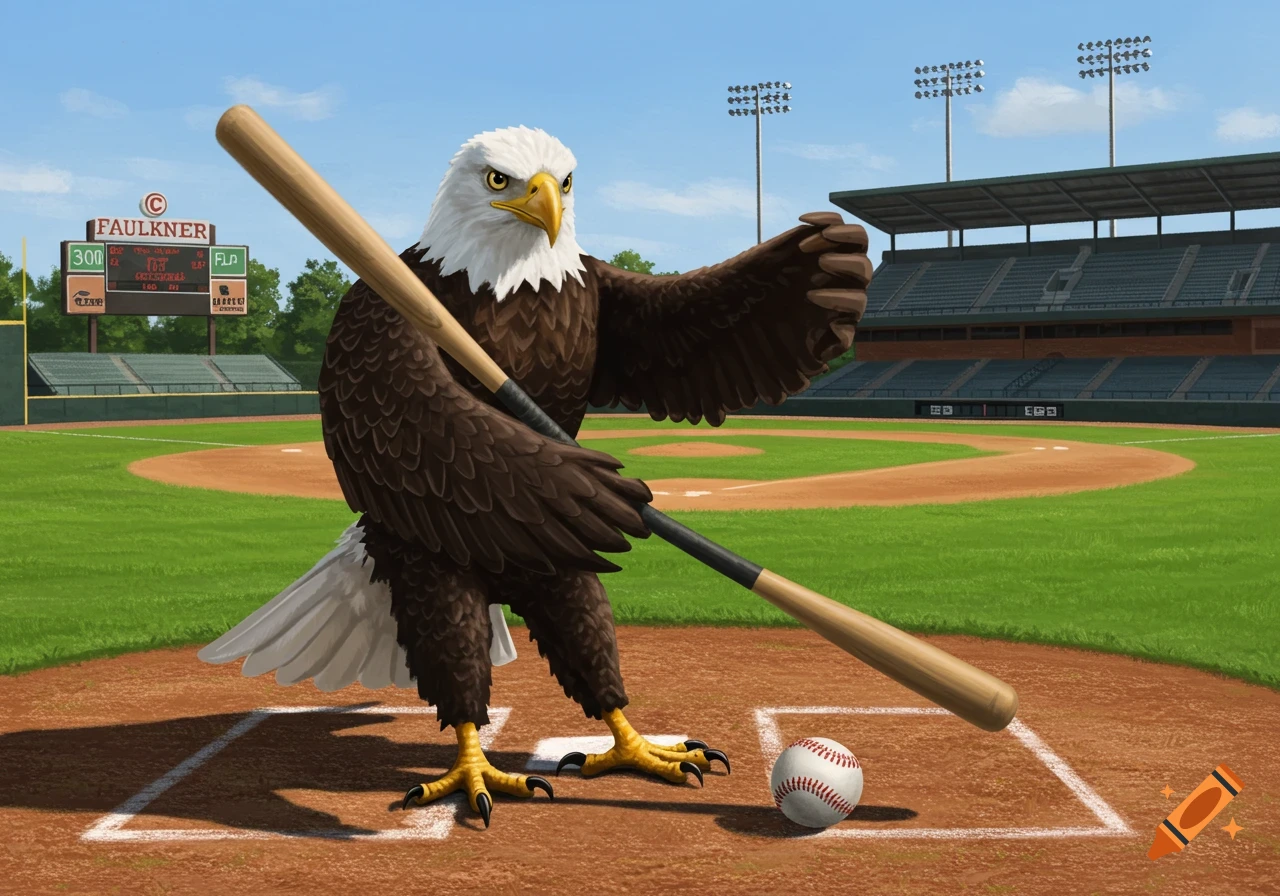 A bald eagle holding a baseball bat stands on a baseball field. on Craiyon