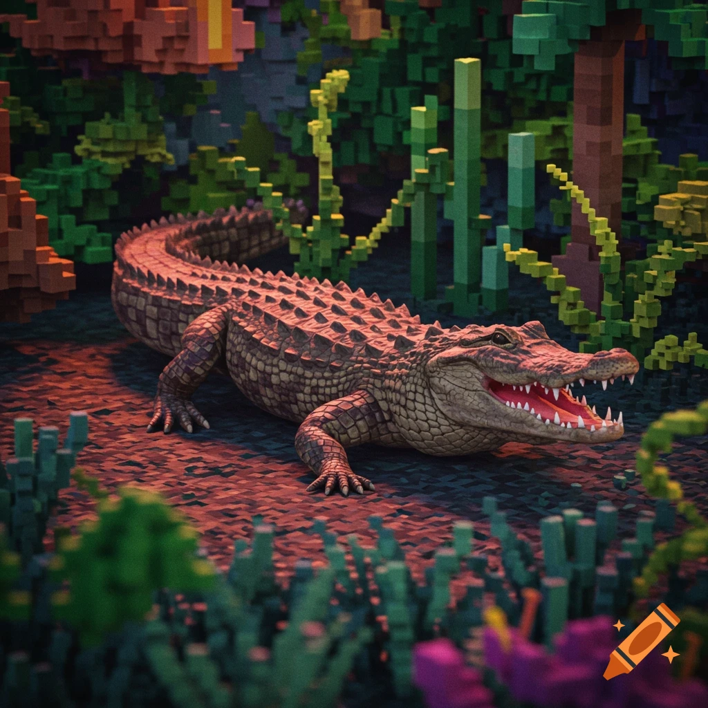 A pixel art alligator with its mouth open in a jungle environment. on ...