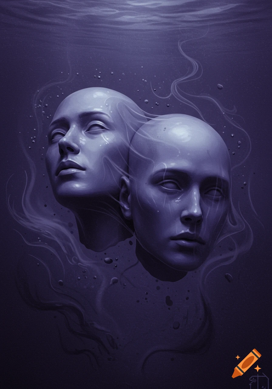 Surreal digital painting of two floating heads in dark purple water ...