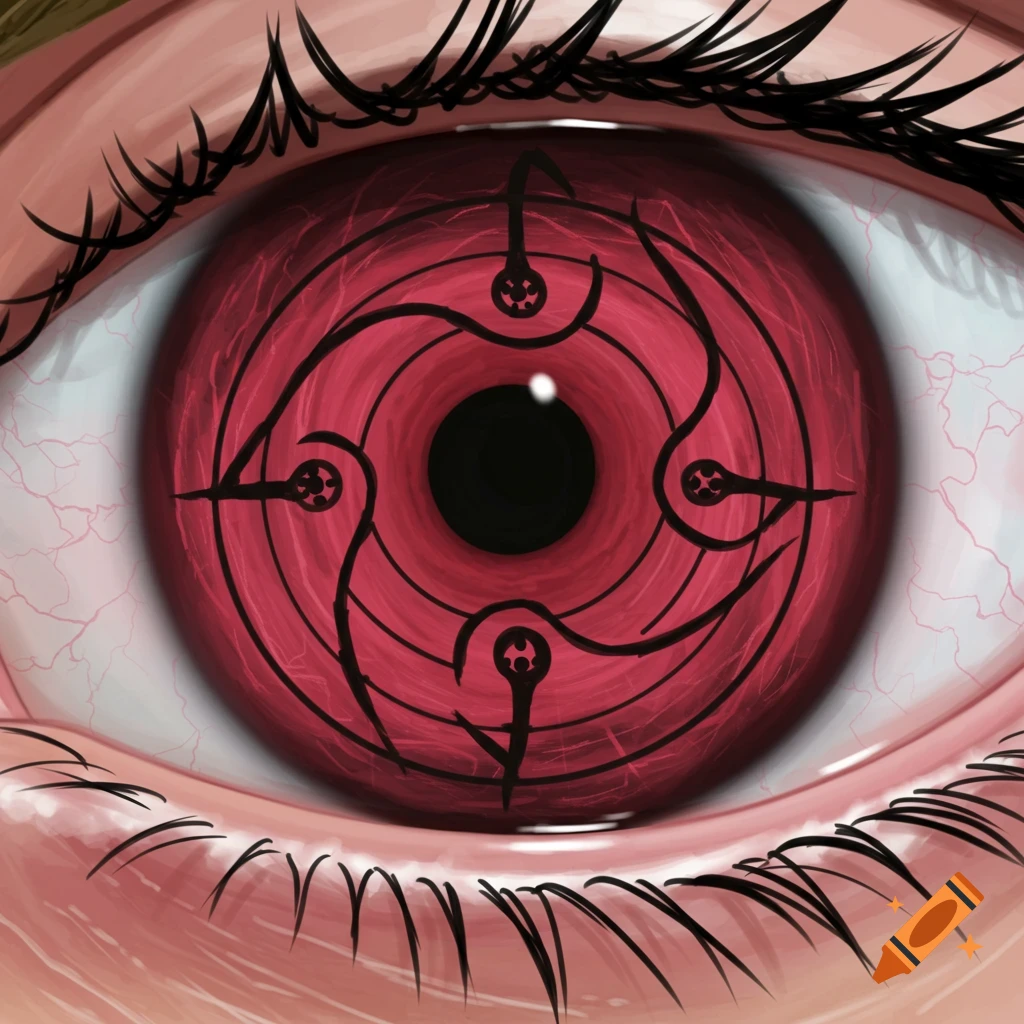 Close-up of a red eye with black spiral markings and bloodshot veins ...