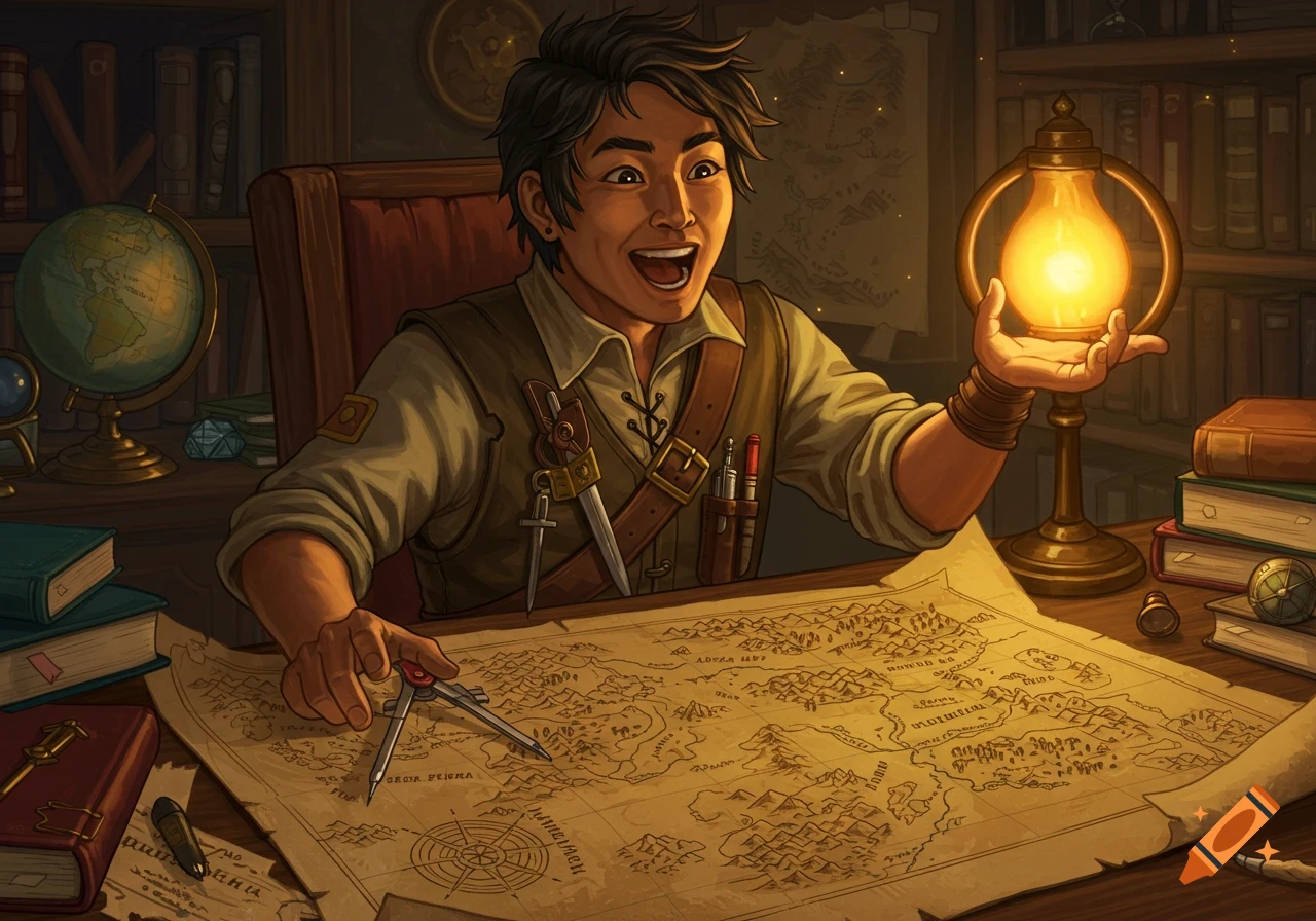 Illustration of an excited cartographer studying an old map by ...