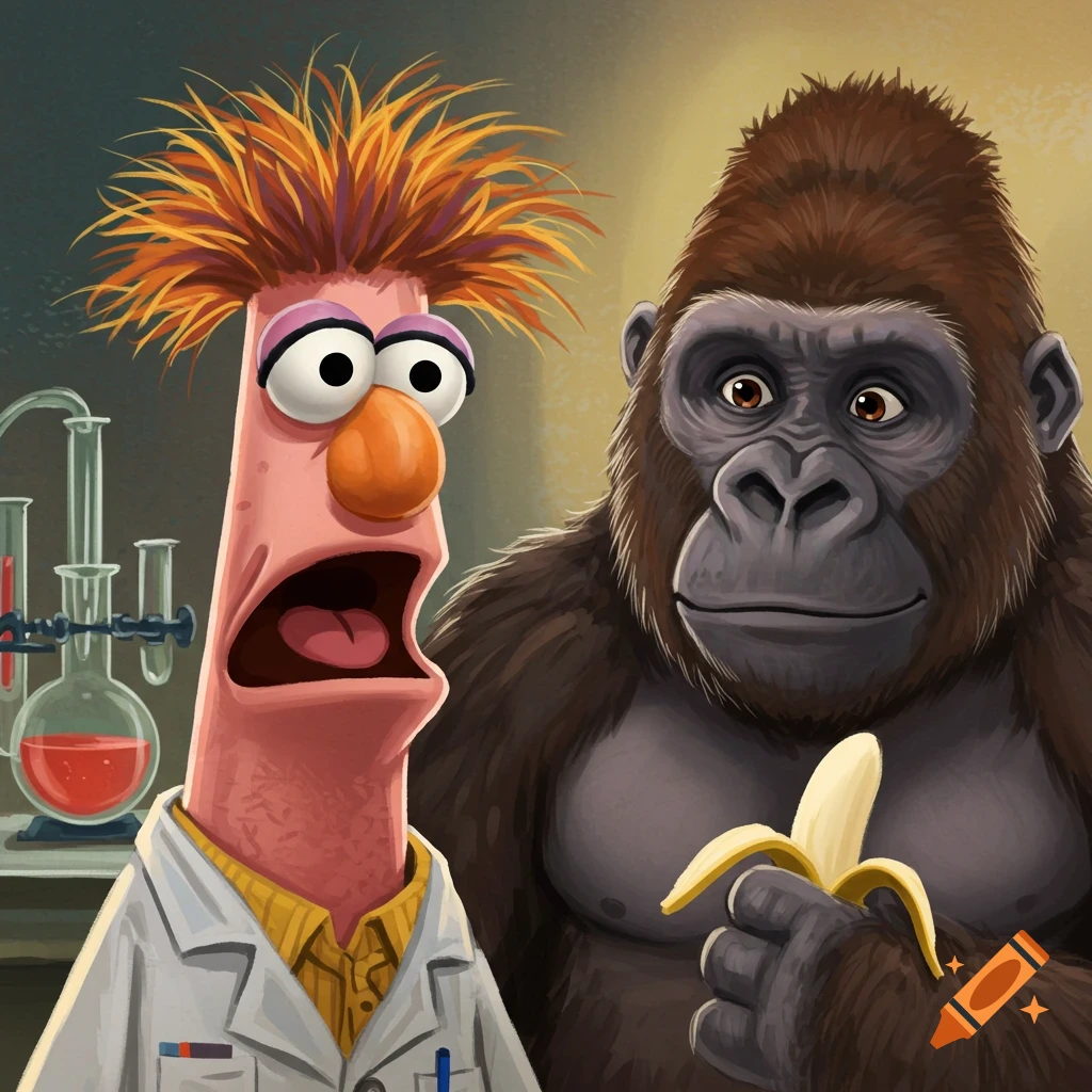 Beaker the Muppet looks scared next to a gorilla holding a banana in a ...