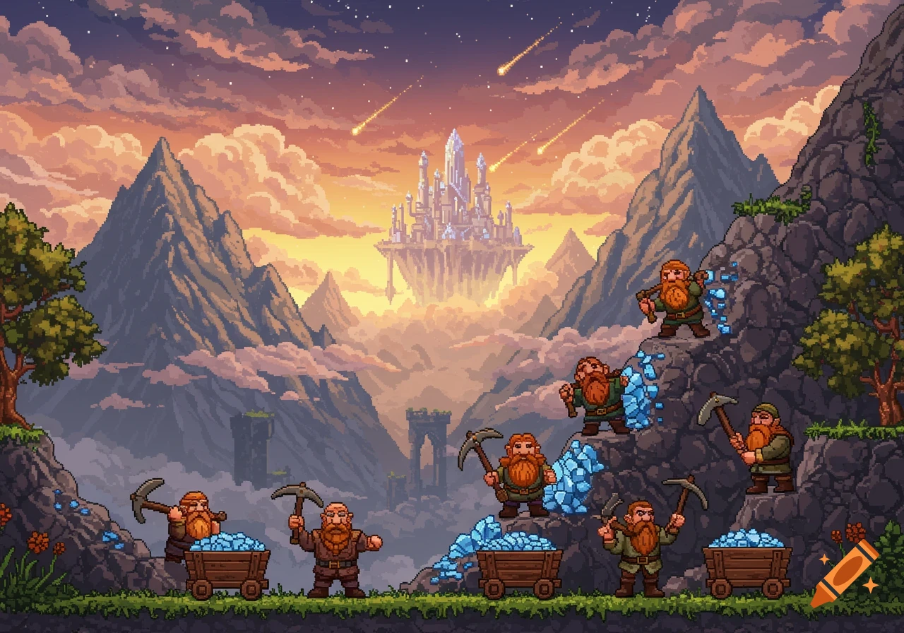 Pixel art fantasy scene with dwarves mining crystals in mountains under ...