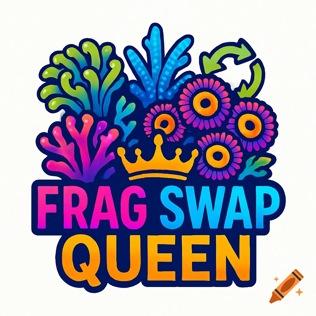 Colorful logo with coral, a crown, and text 'Frag Swap Queen'. on Craiyon