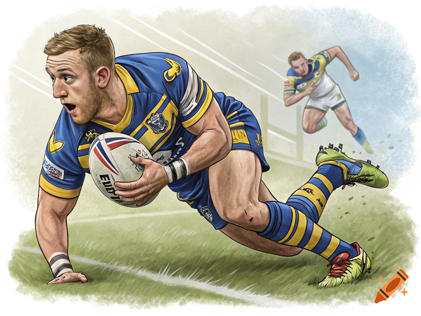 Illustration of a rugby player in blue and yellow diving to score a try ...