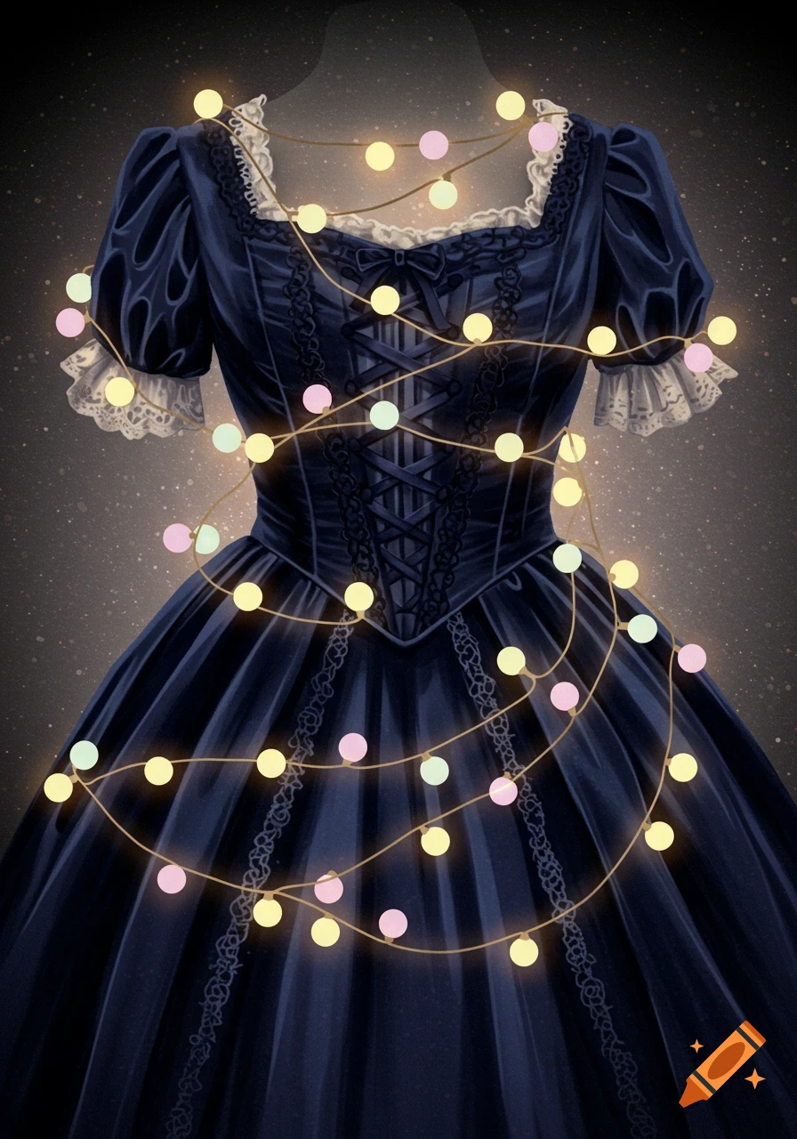 Victorian dress adorned with pastel-colored fairy lights on Craiyon