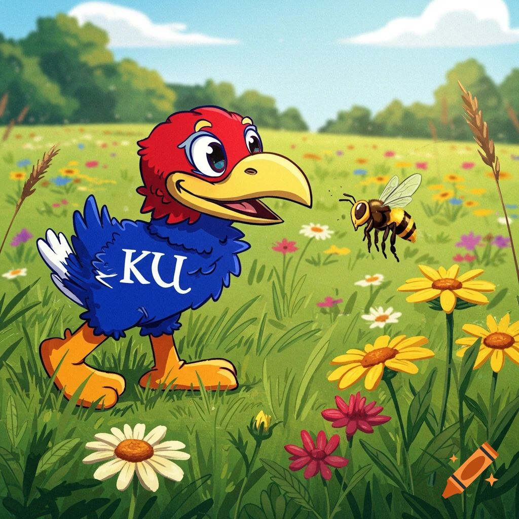 A cartoon Jayhawk bird with KU on its chest looks at a honey bee in a sunny flower field. on Craiyon
