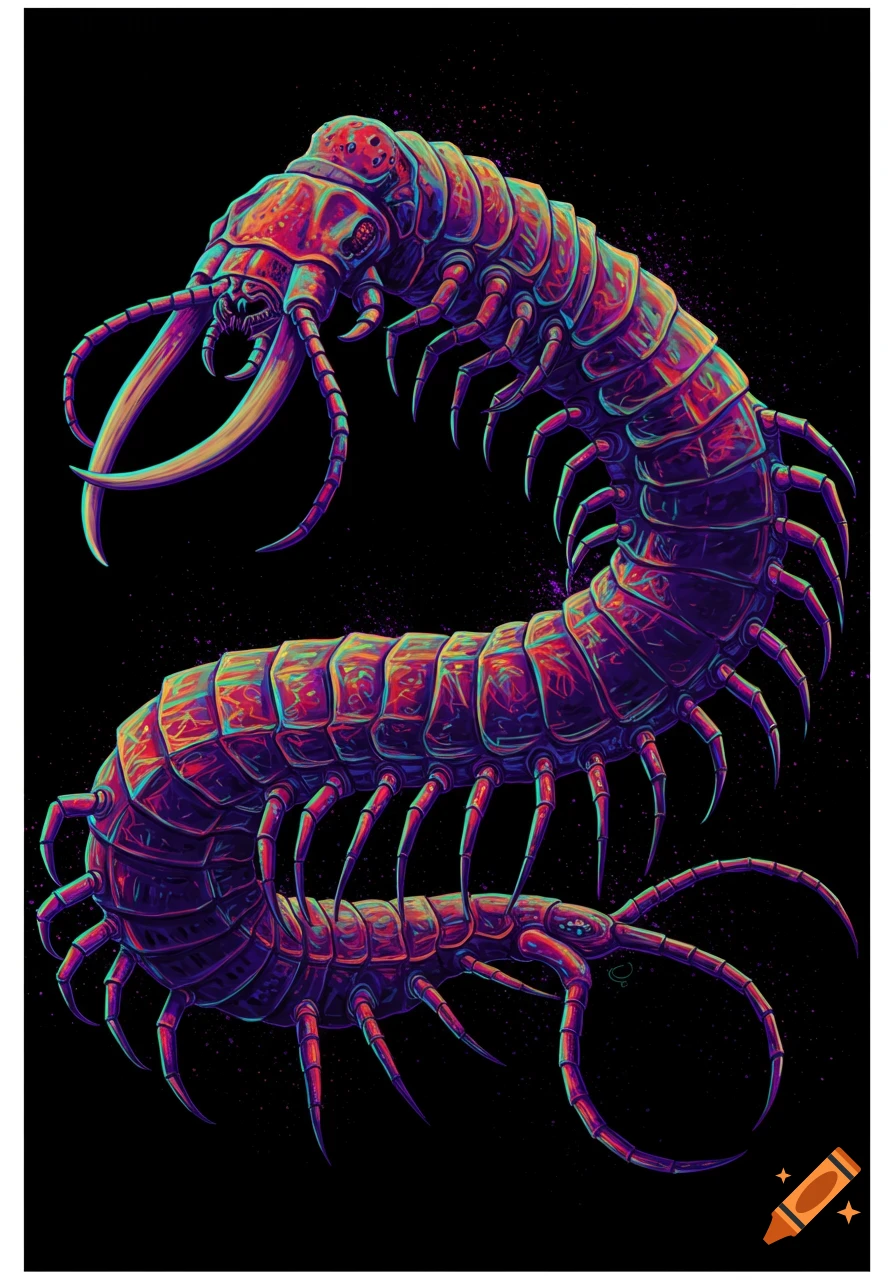 A vibrant, colorful prehistoric centipede creature with large tusks. on ...